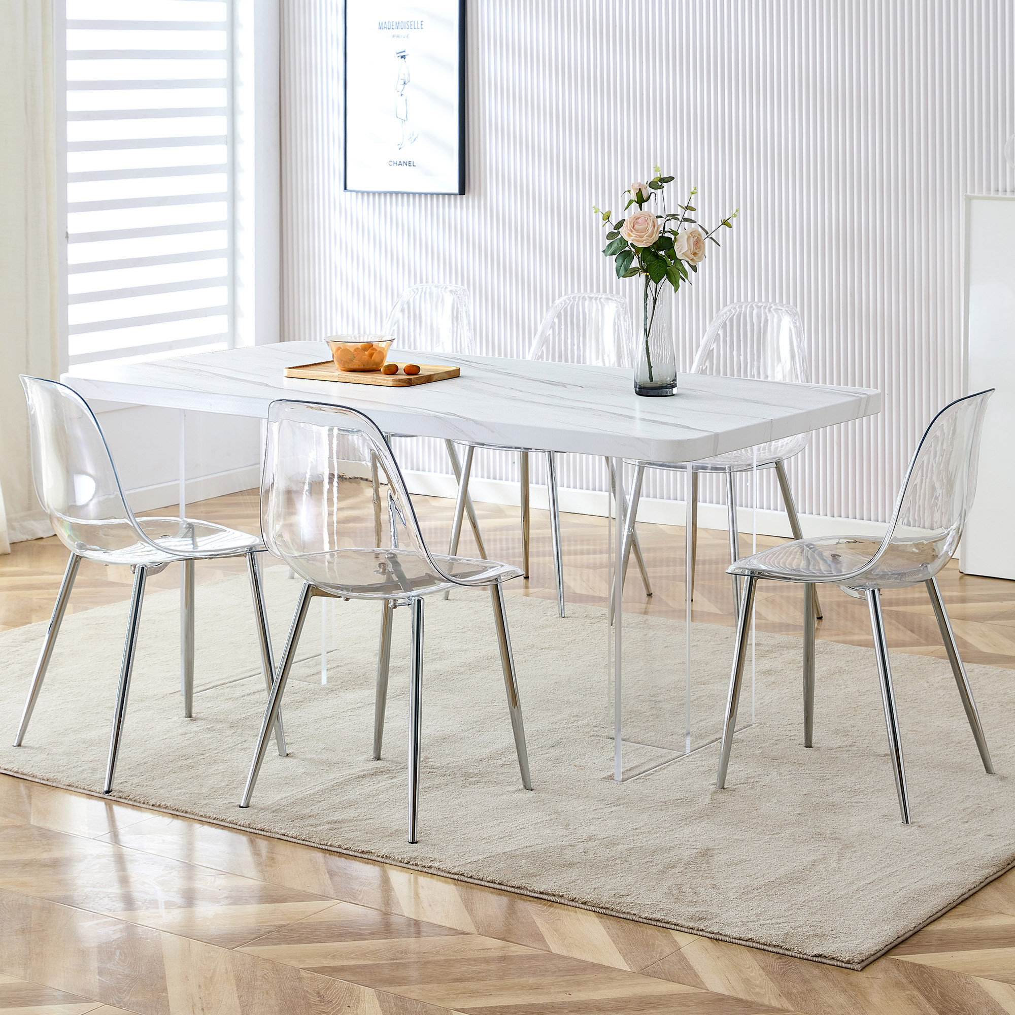 Ivy Bronx Table And Chair Set.Modern Minimalist White Dining Table Set - 66.9"*35.4" With 6 ...